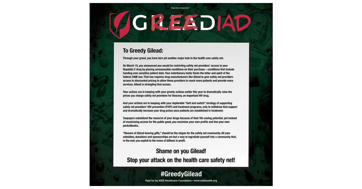 AHF Slams Gilead as ‘Greediad!’ in New Print, Digital Ad Campaigns ...