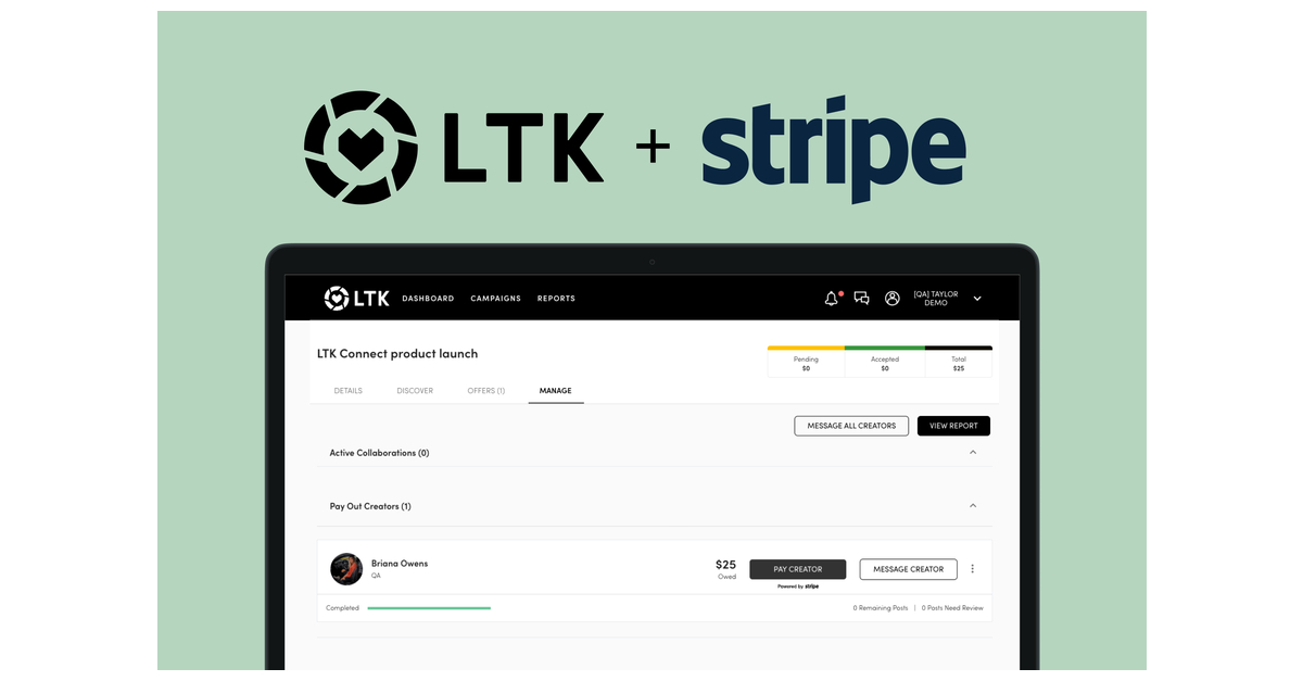 LTK and Stripe Partner to Power Instant Creator Payments | Business Wire