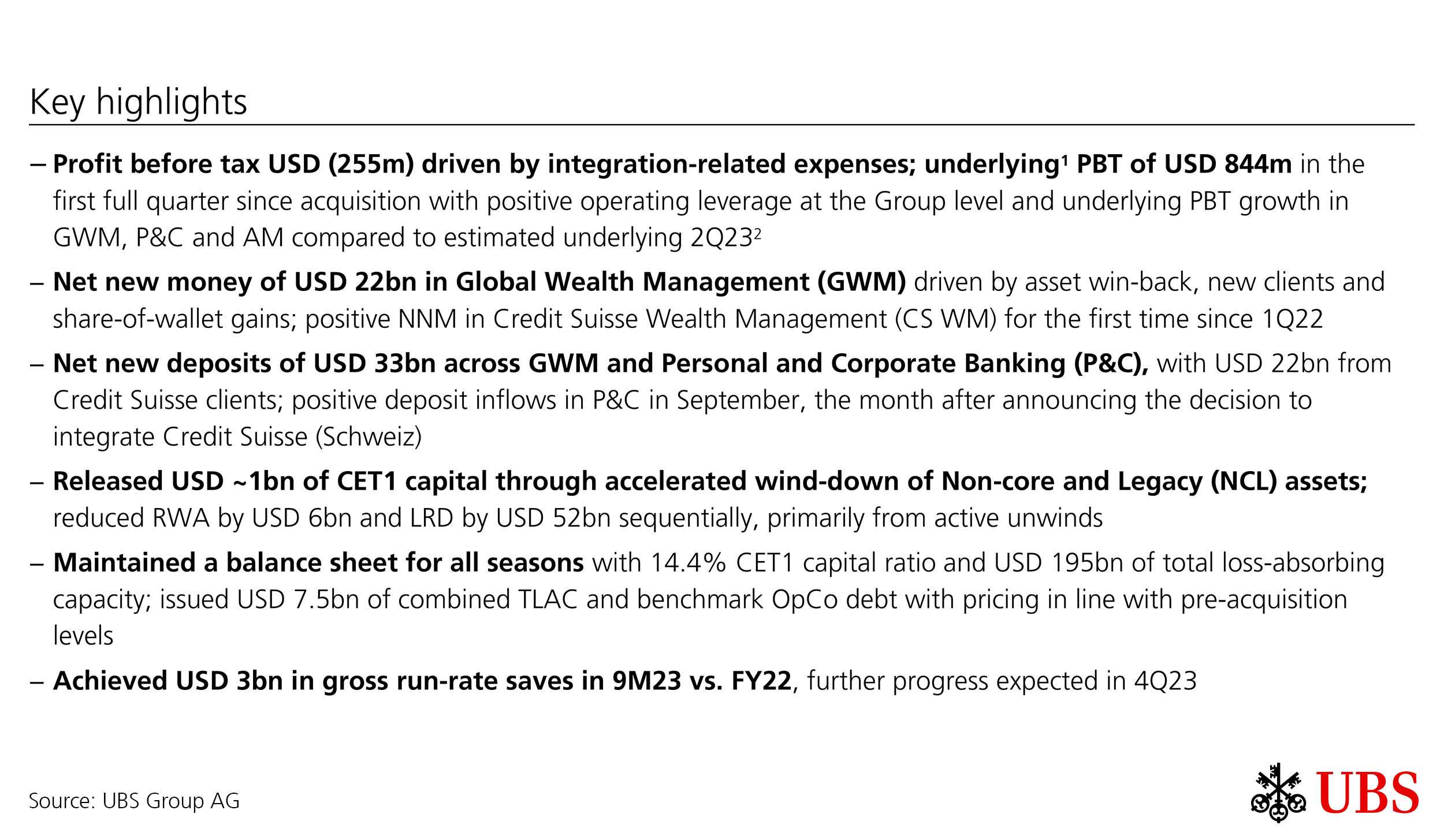 UBS reports strong flows, significant integration progress and ...