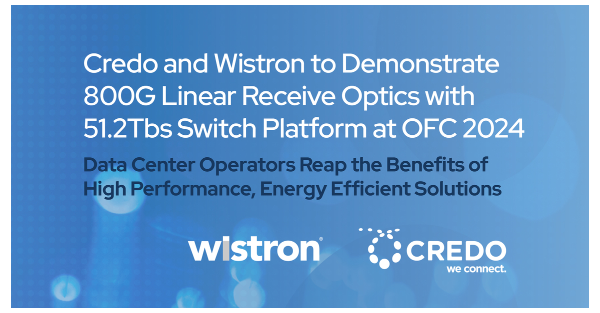 Credo and Wistron to Demonstrate 800G Linear Receive Optics with 51.2Tbs Switch Platform at OFC ...