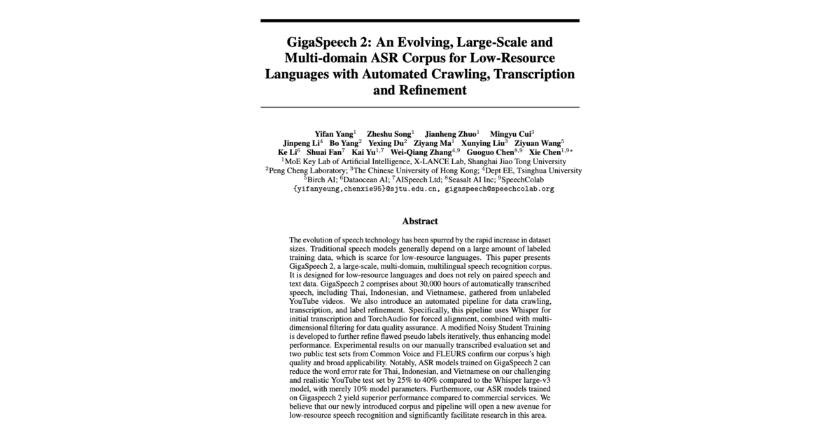 Dataocean AI Has Participated in Creating the Open-Source Dataset GigaSpeech 2: A Large-Scale ...