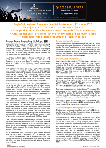 AngloGold Ashanti Q4 and Year Ended 31 December 2025 Earnings Release ...