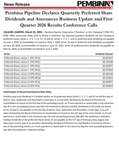 Pembina Pipeline Declares Quarterly Preferred Share Dividends and ...